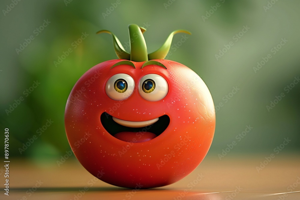 Smiling tomato cartoon character in 3D style, with a bright red color ...
