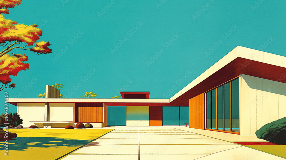 ภาพประกอบ Stock Mid-Century Modern Home - Technical and Elevation ...