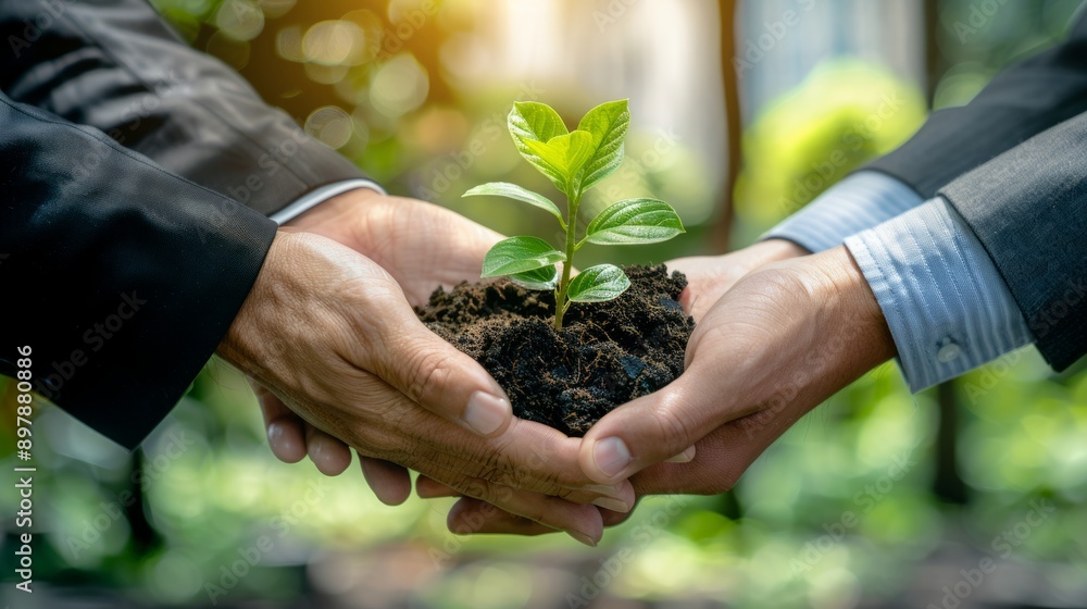 Business hands holding green plants together are the symbol of green ...
