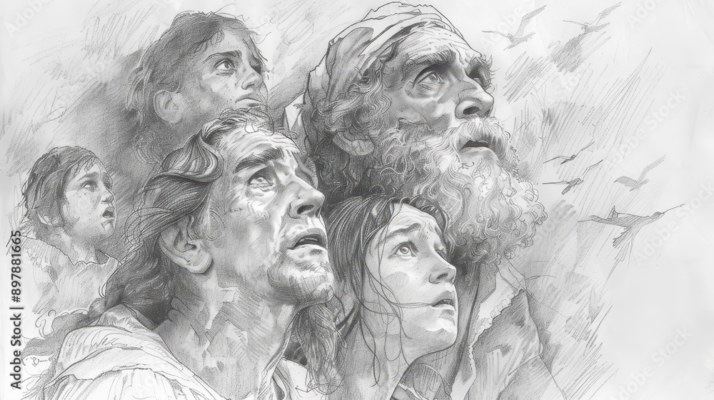 Genesis,Noahs Descendants:Bold pencil sketch of Noah with his sons Shem ...