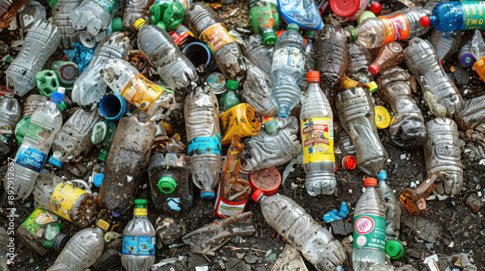 A pile of discarded plastic bottles in a landfill, highlighting ...