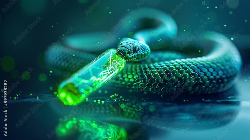 Venomous snake coiled around a glowing vial of dangerous substance ...