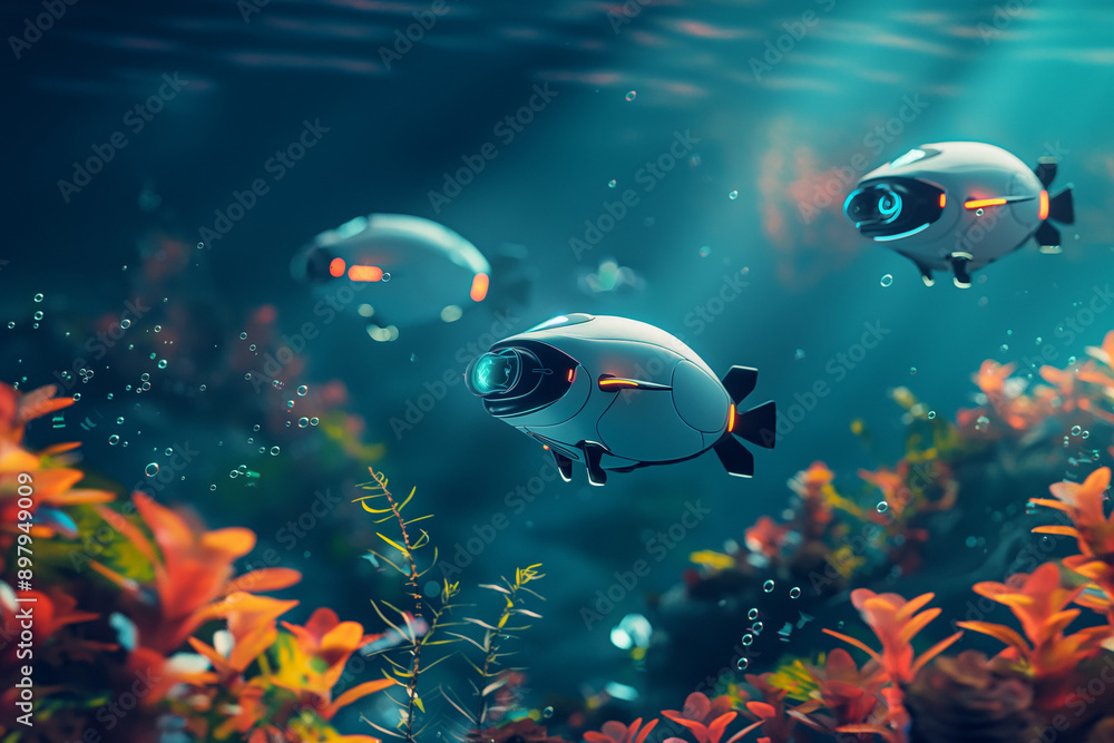 Robotic submarine observation marine life in the ocean, Underwater with ...