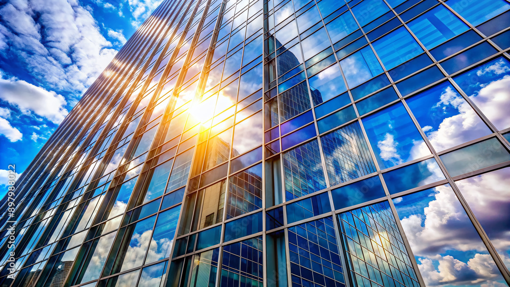 Tinted glass windows of a modern skyscraper reflecting blue sky and ...