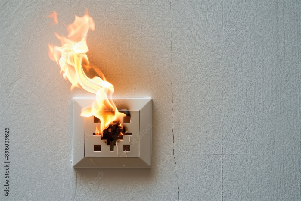 Electrical outlet catching fire on a wall due to faulty wiring with ...
