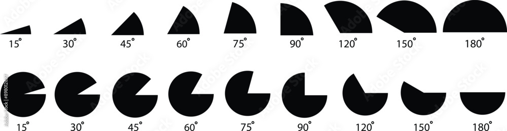 Set of Angle icons. 15, 30, 45, 60, 75, 90, 120, 150, 180 degree ...