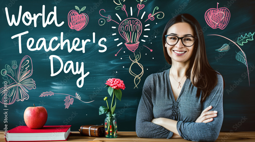 Teacher celebrating World Teacher's Day in decorated classroom with ...