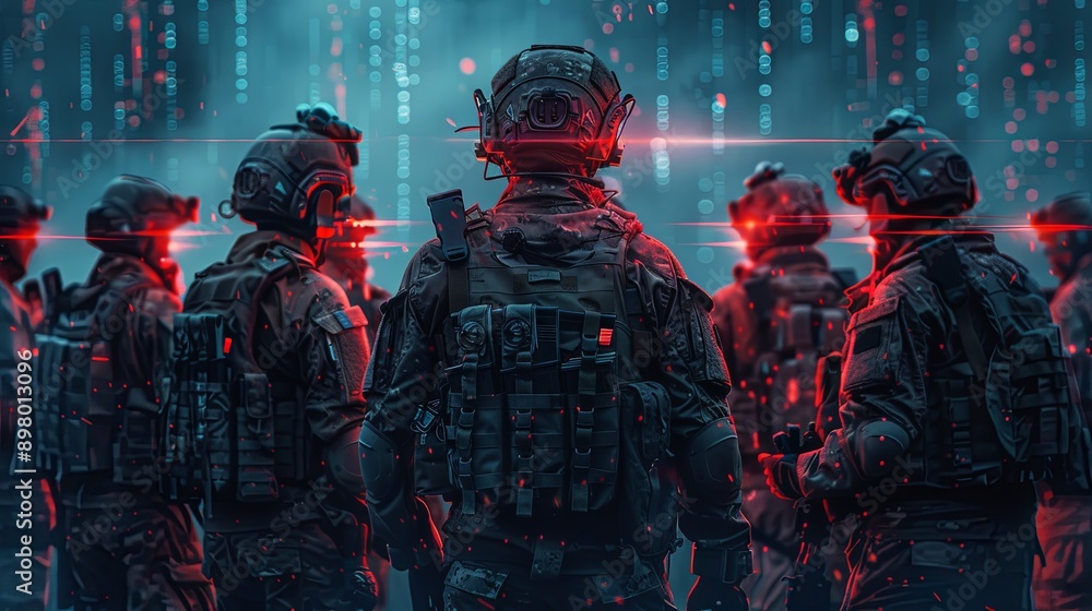 Стокова ілюстрація Military Forces Command Through A Tablet With Augmented Reality Utilizing Ai