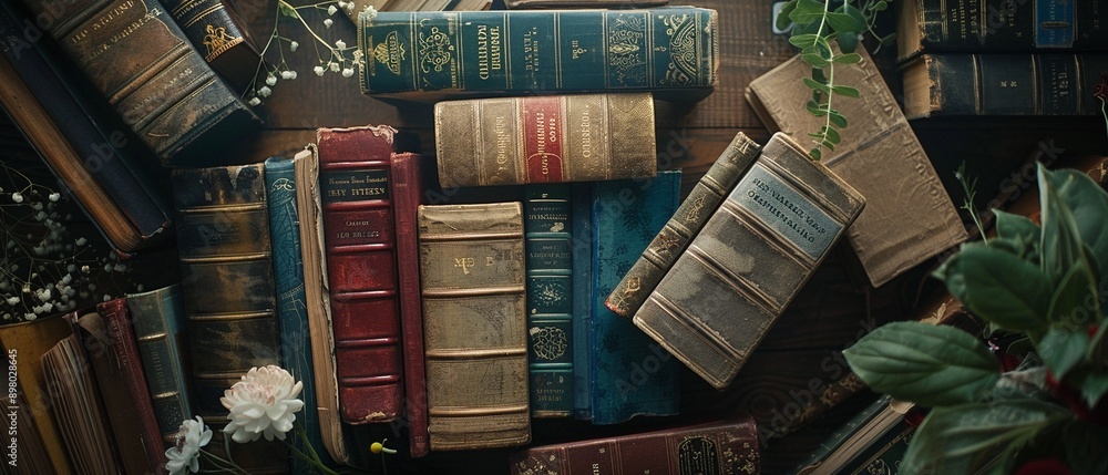 Elegant flat lay of hand-picked vintage books, celebrating the ...