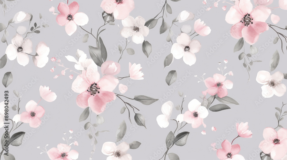 Pink and grey watercolor floral pattern on a gray background, with soft ...