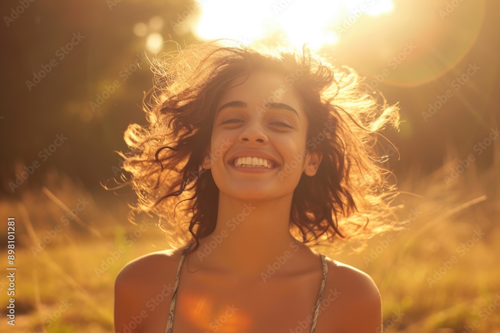 Joyful woman with tousled hair in the sun, laughing and smiling. Bright ...