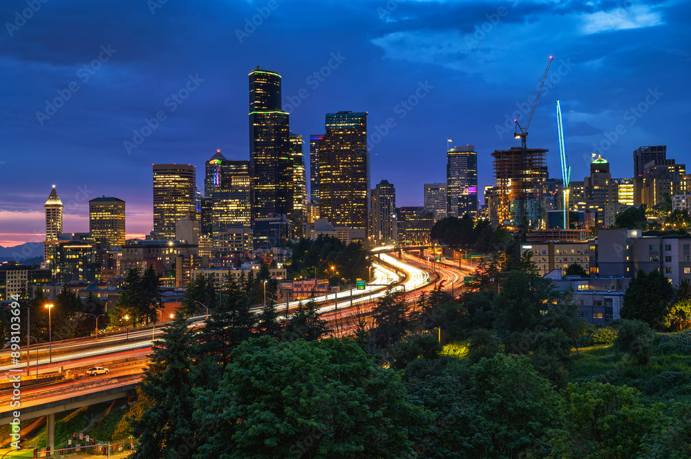 Seattle downtown skyline, with traffic on the I-5 freeway, viewed from ...