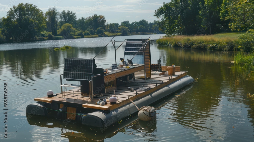 floating pontoon on a quiet lake, adapted into a creative workspace ...