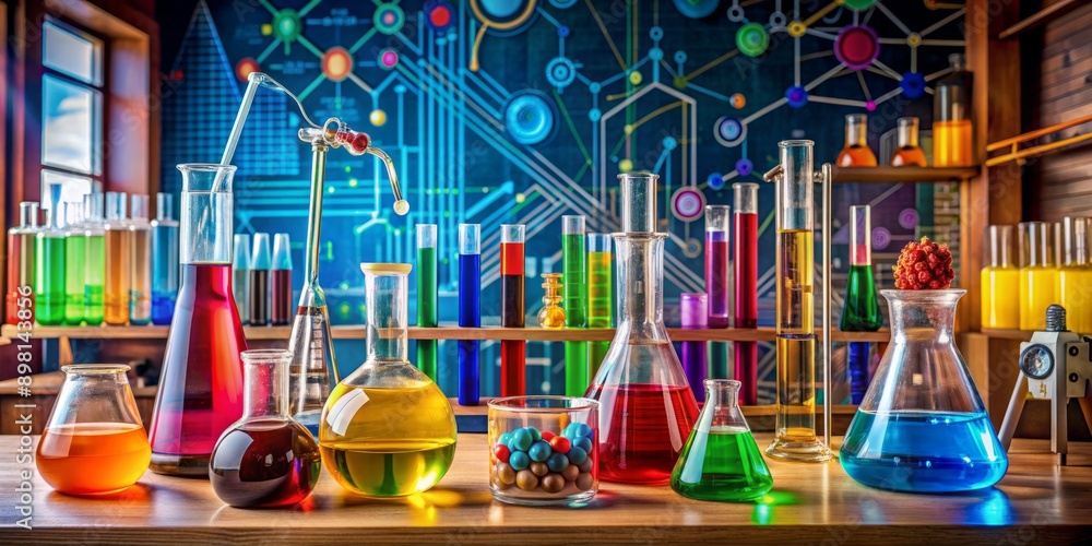 Colorful beakers, test tubes, and lab equipment scatter a workbench ...