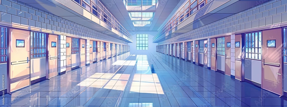Interior of the corridor of a modern prison with doors to the cells ...