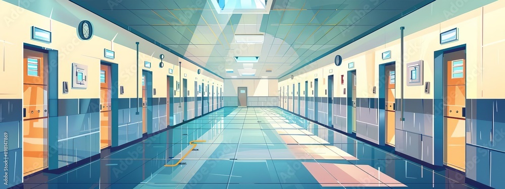 Interior of the corridor of a modern prison with doors to the cells ...