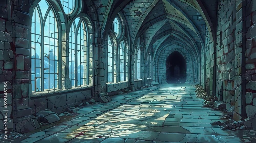 Modern illustration of a medieval palace corridor with large Gothic ...
