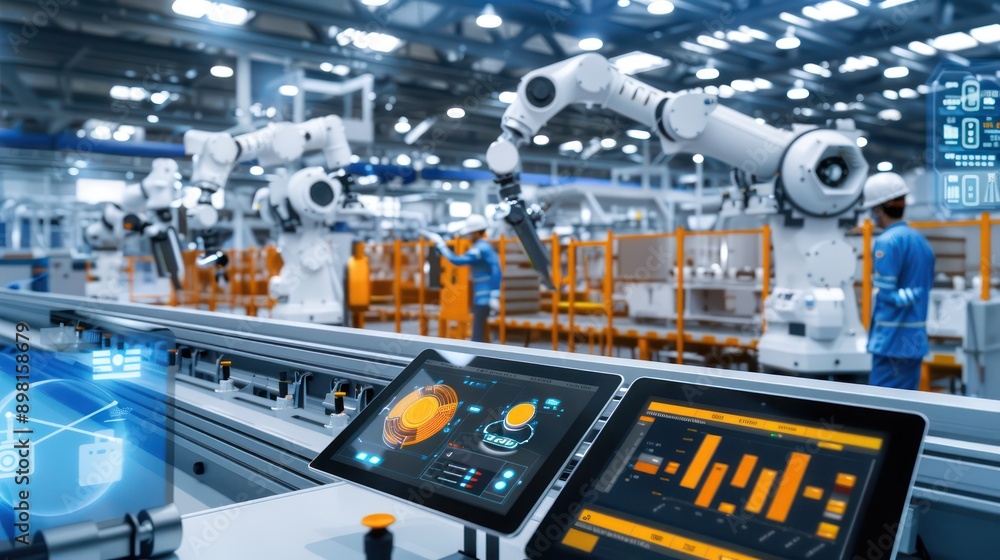 smart manufacturing hub where engineers monitor automated production lines and optimize ...