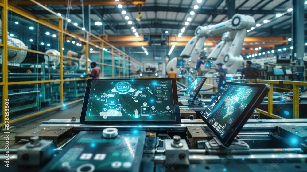 smart manufacturing hub where engineers monitor automated production ...