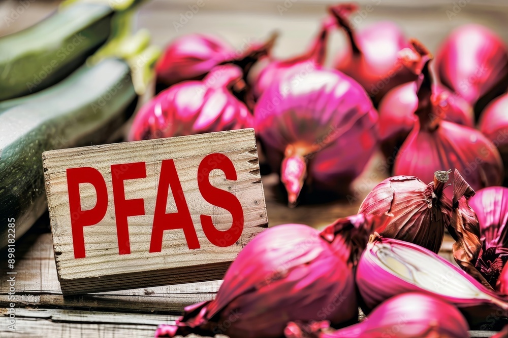 PFAS warning sign on vegetable background, minimalist style ...