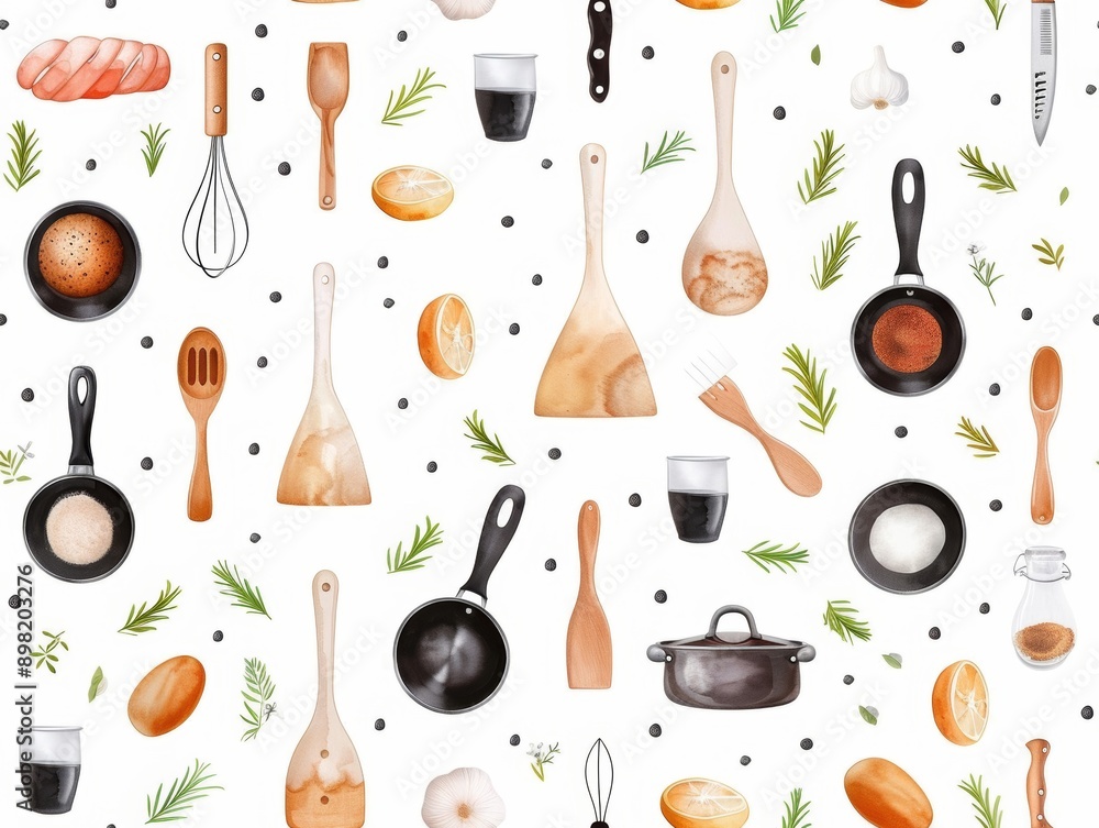 Food and utensils depicted in a seamless culinary pattern using ...