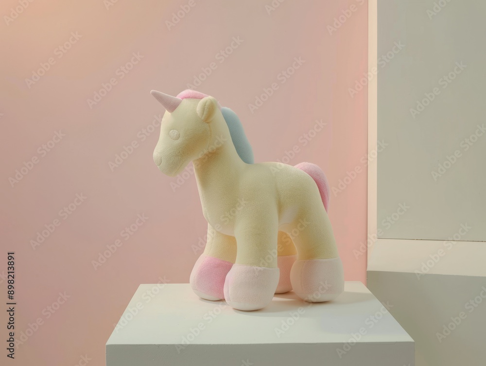 plush pony with pastel colors and simple, elegant design, set against a ...