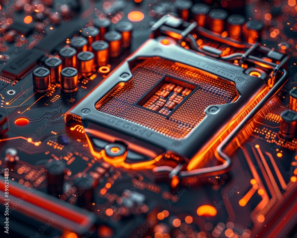 Cybersecurity motherboard closeup with safety lock for generative ai ...