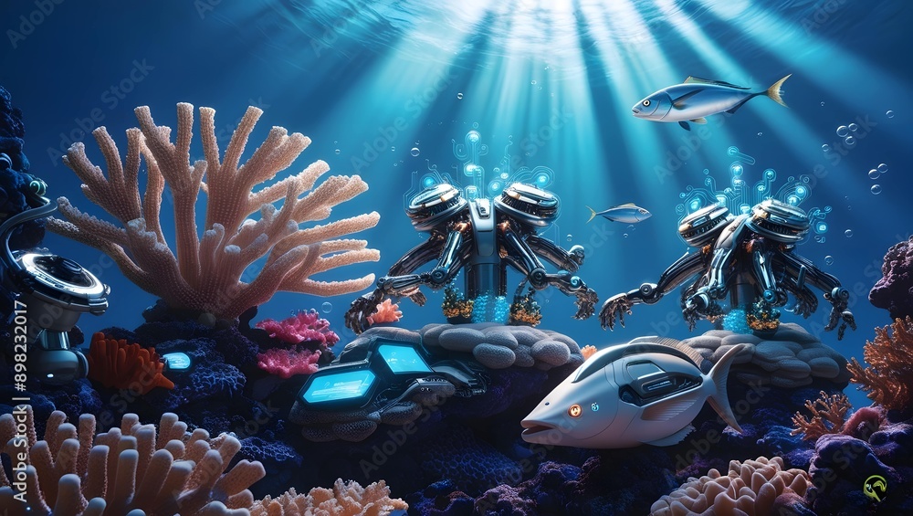 A desktop wallpaper depicting an underwater scene where biology and ...
