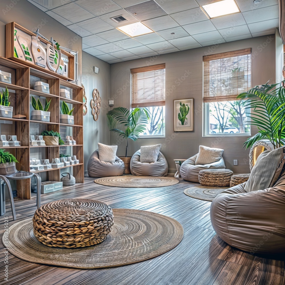Relaxing Therapy Room. Cozy lounge with bean bag chairs, wooden shelves ...