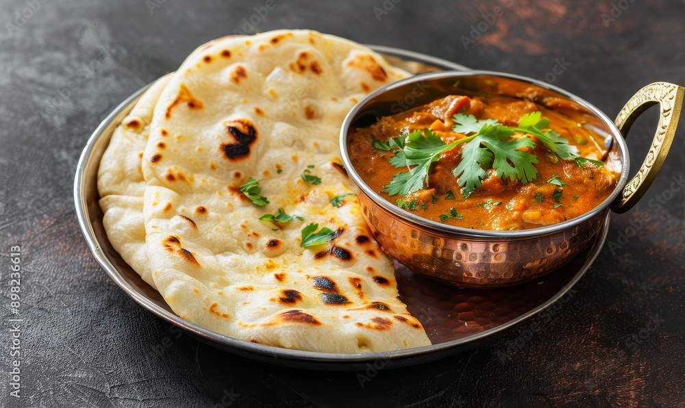 delicious indian butter chicken curry with naan bread on rustic ...