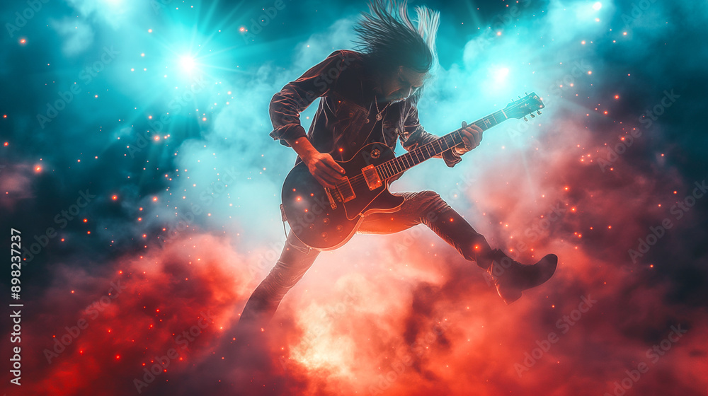 Heavy metal guitar hero solo on the concert stage with beautiful ...