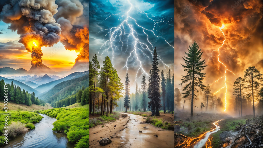 Three images scenes of nature being destroyed by climate events like ...