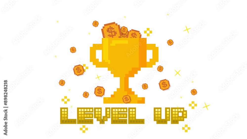 Pixel art 8-bit level up text with one big winner golden cup and gold ...