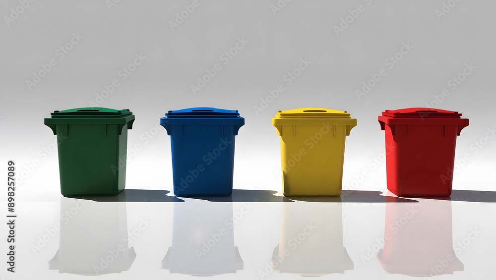 Various types of trash cans: green, yellow, blue, red, wet waste ...