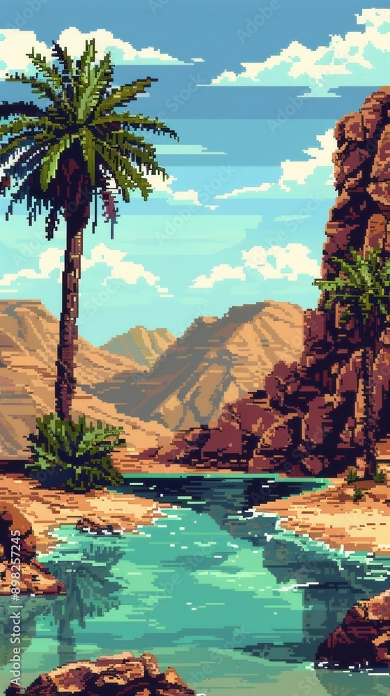 Pixel art desert oasis, palm trees, clear water, arid surroundings ...