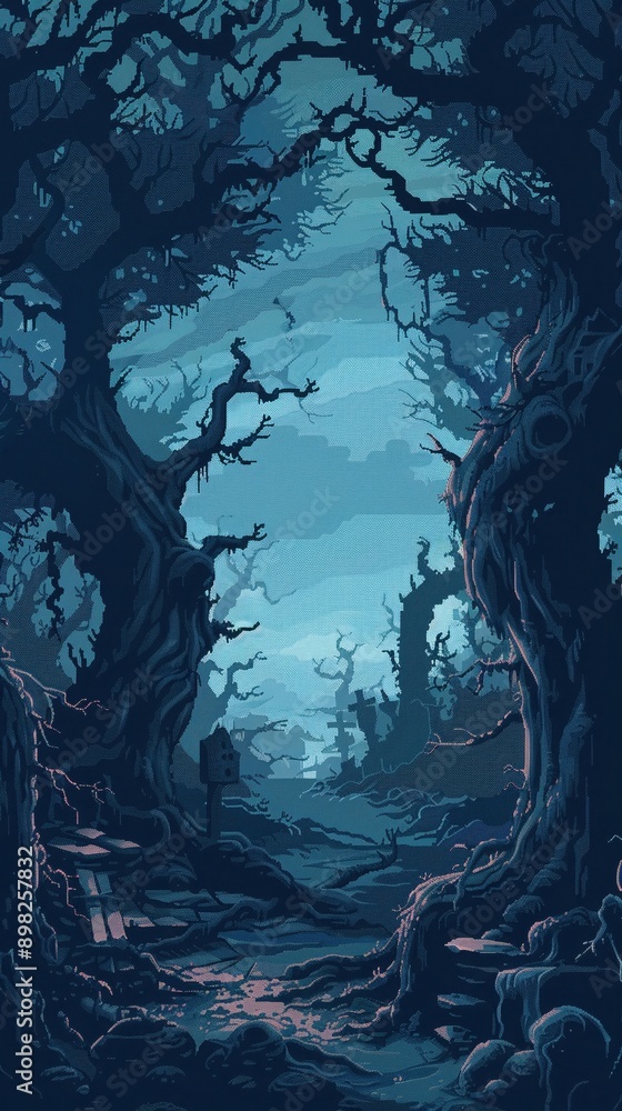 Pixel art haunted forest, twisted trees, eerie atmosphere, spooky scene ...