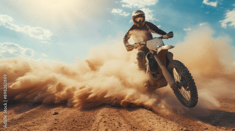 A motocross racer rides through the desert dunes. Motocross sport ...