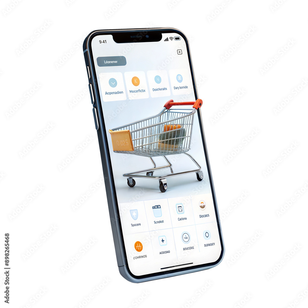 Smartphone displaying an online shopping app with a cart and products ...
