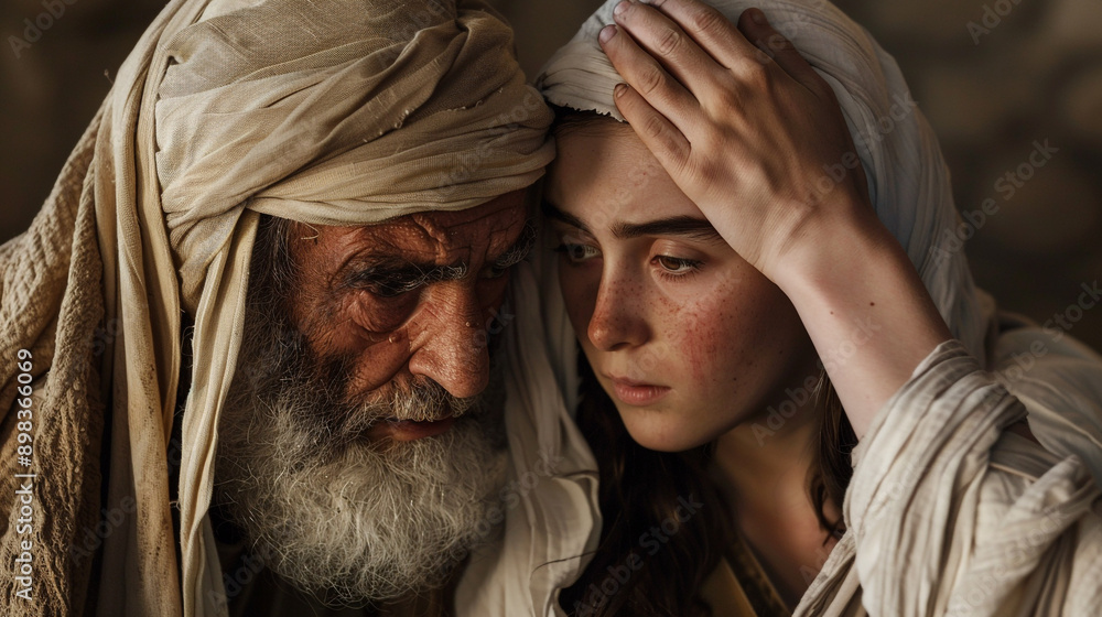 An old man, father, prophet, gives instructions to a young woman ...