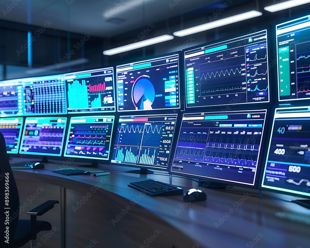An advanced hospital control room with multiple screens displaying ...