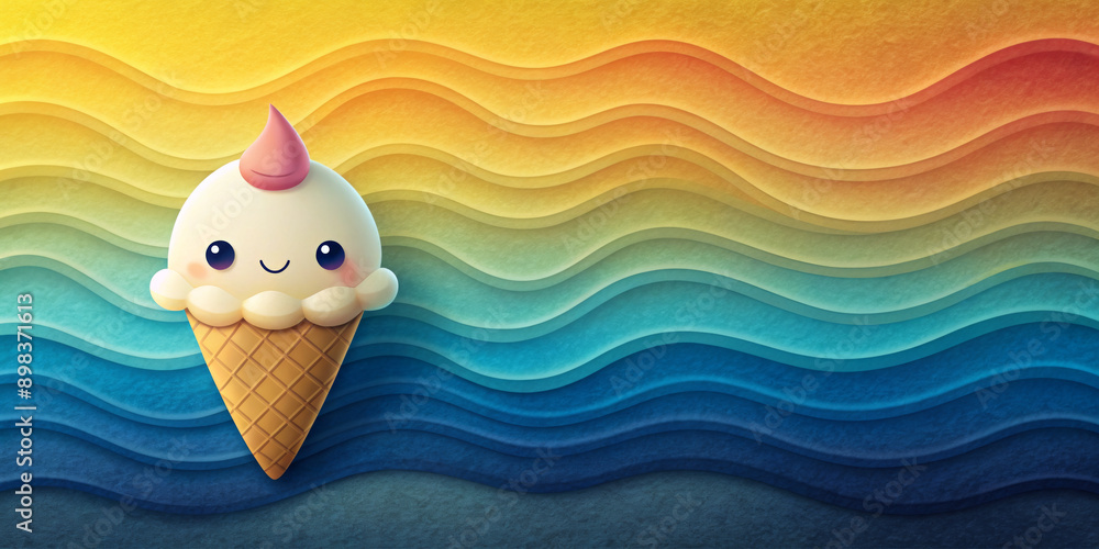 Cute smiling ice cream cone with pink swirls on top in front of a ...