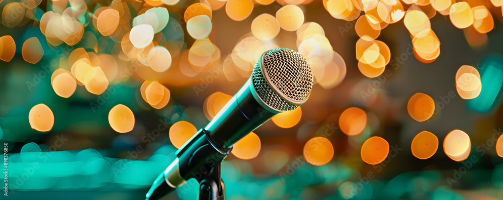Classic steel microphone on bokeh concert stage. Microphone on blurred ...