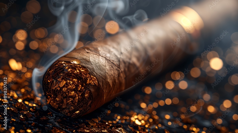 A close-up photograph capturing a lit premium cigar with glowing embers ...