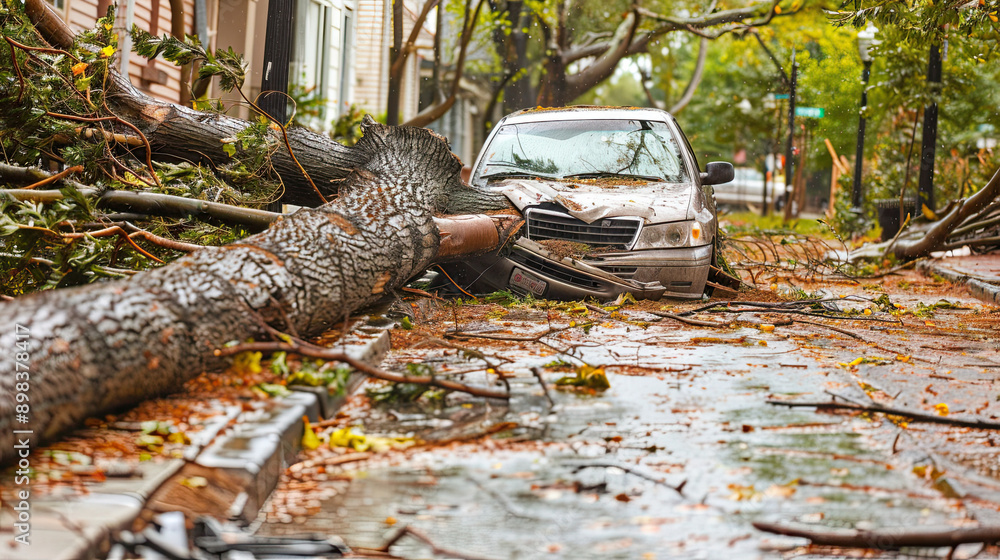 Car damaged by fallen tree after severe storm natural disaster ...