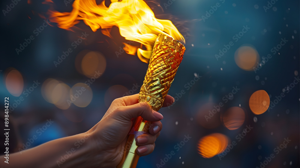 Athlete hand holding golden torch with burning flame blur running track ...
