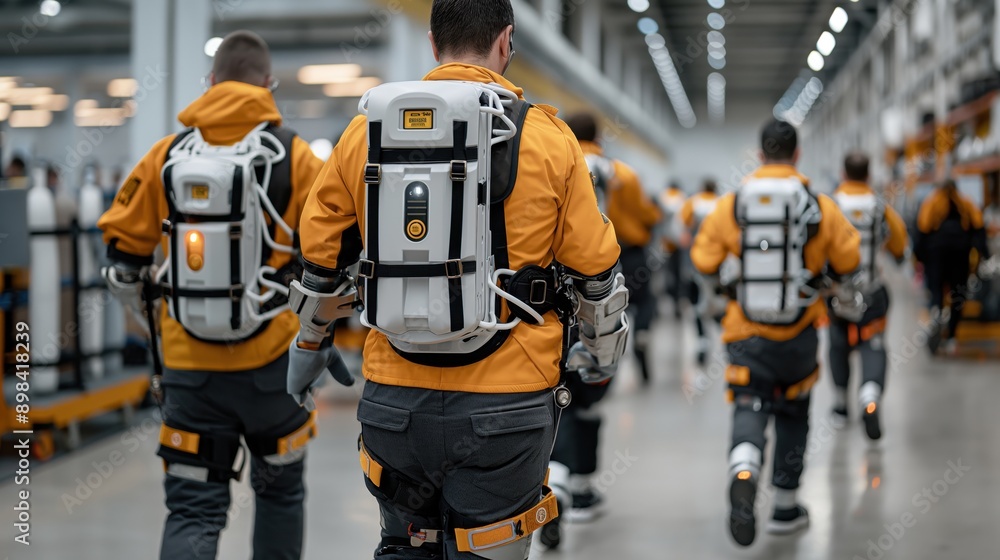 Group of workers wearing advanced robotic exoskeleton suits in an ...