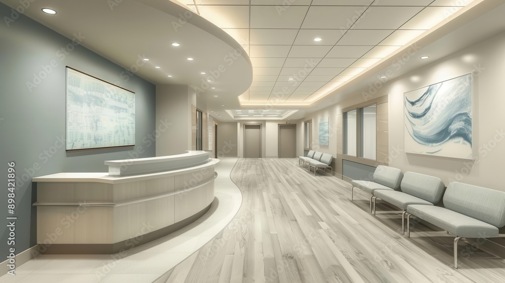 modern hospital reception area with sleek curved counter minimalist ...