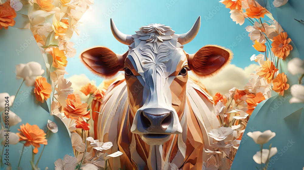 Cute cow at the floral meadow background made from paper. 3D paper ...