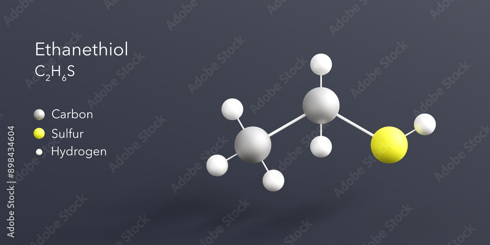 ethanethiol molecule 3d rendering, flat molecular structure with ...