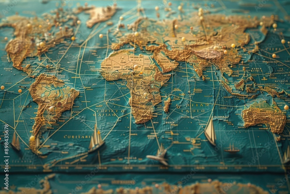 A vintage world map with gold lines depicting trade routes, continents ...